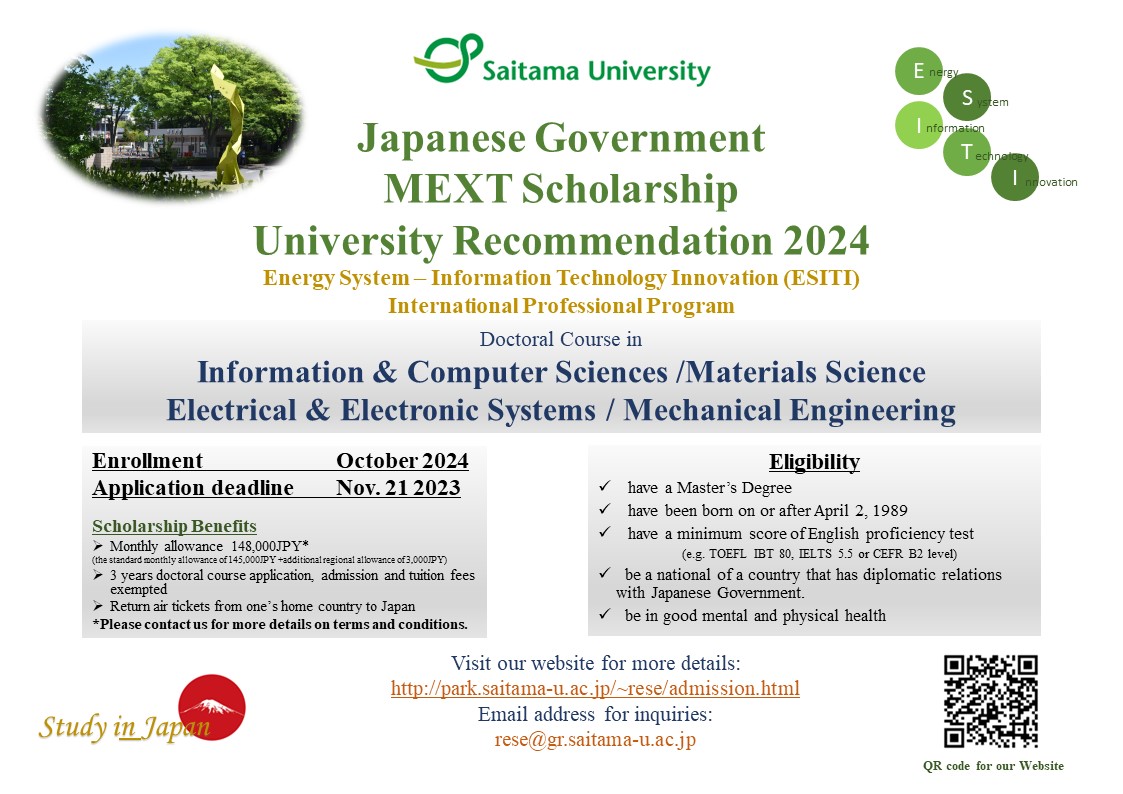 ĐẠI HỌC SAITAMA - THÔNG BÁO TIẾN CỬ HỌC BỔNG MEXT HỆ TIẾN SĨ KỲ NHẬP ...